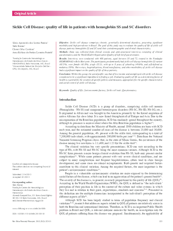 (PDF) Sickle Cell Disease: quality of life in patients with hemoglobin ...