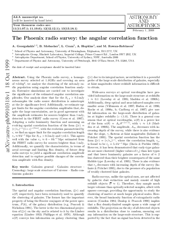 (PDF) The Phoenix radio survey: The angular correlation function