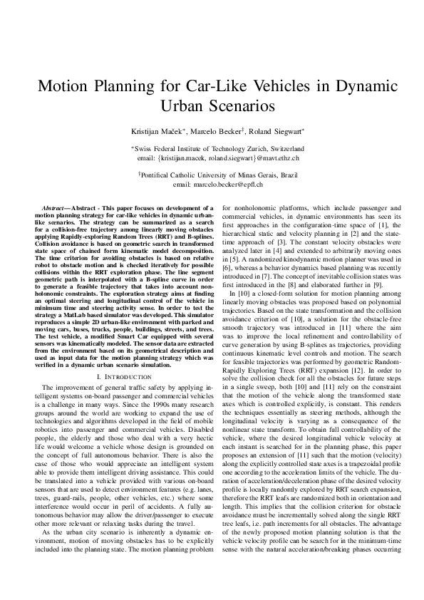 (PDF) Motion Planning for Car-Like Vehicles in Dynamic Urban Scenarios