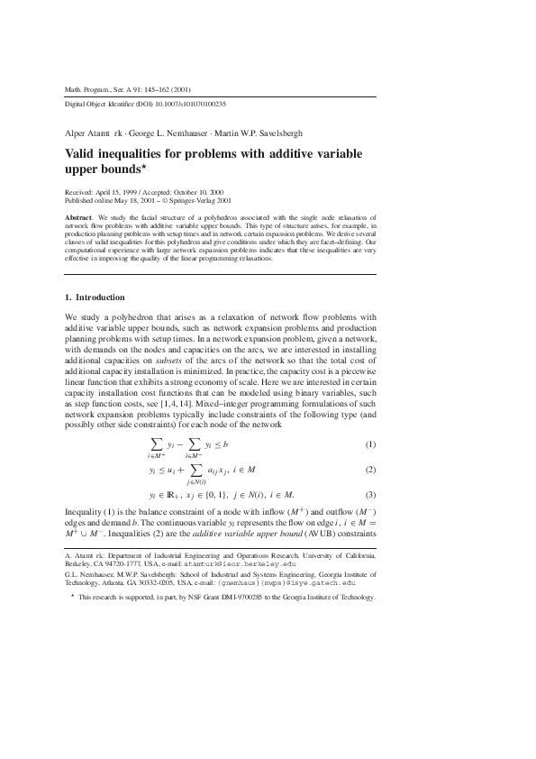 (PDF) Valid Inequalities for Problems with Additive Variable Upper Bounds
