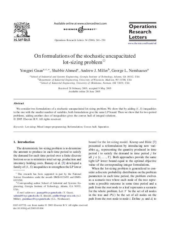 Pdf On Formulations Of The Stochastic Uncapacitated Lot Sizing Problem George Nemhauser And