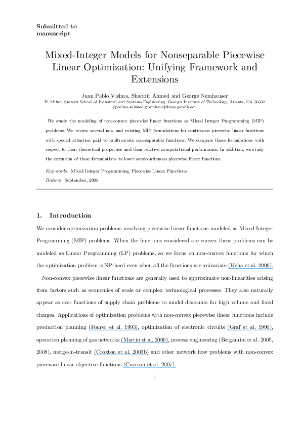 (PDF) Mixed-Integer Models for Nonseparable Piecewise-Linear Optimization: Unifying Framework ...