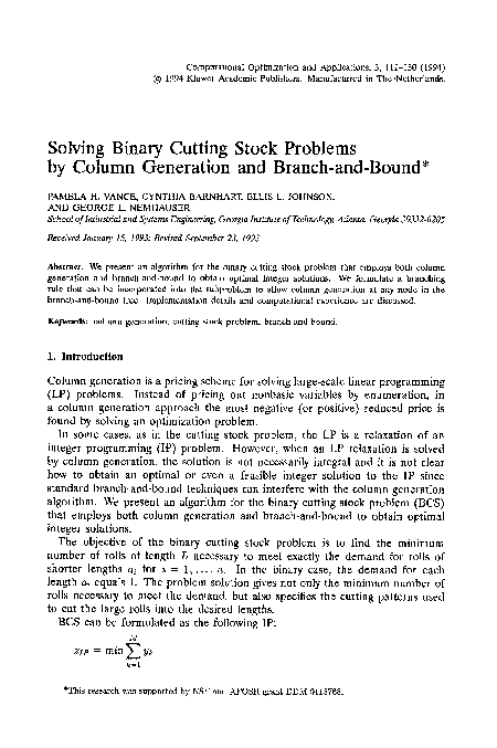 Pdf Solving Binary Cutting Stock Problems By Column Generation And Branch And Bound
