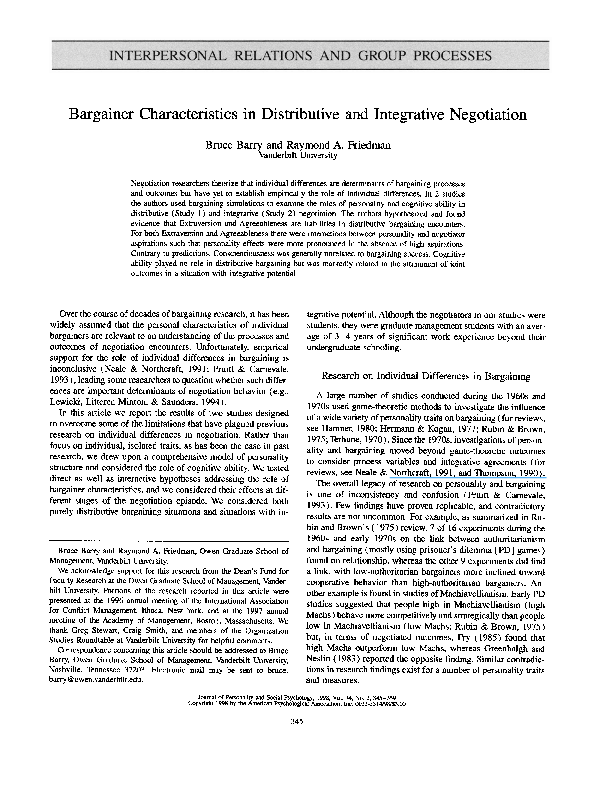 (PDF) Bargainer characteristics in distributive and integrative negotiation