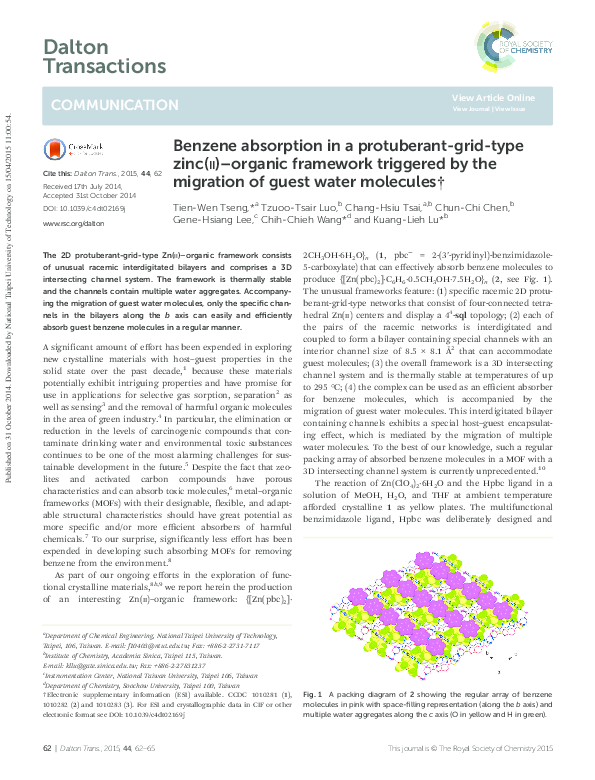 (PDF) Benzene absorption in a protuberant-grid-type zinc(II)–organic ...