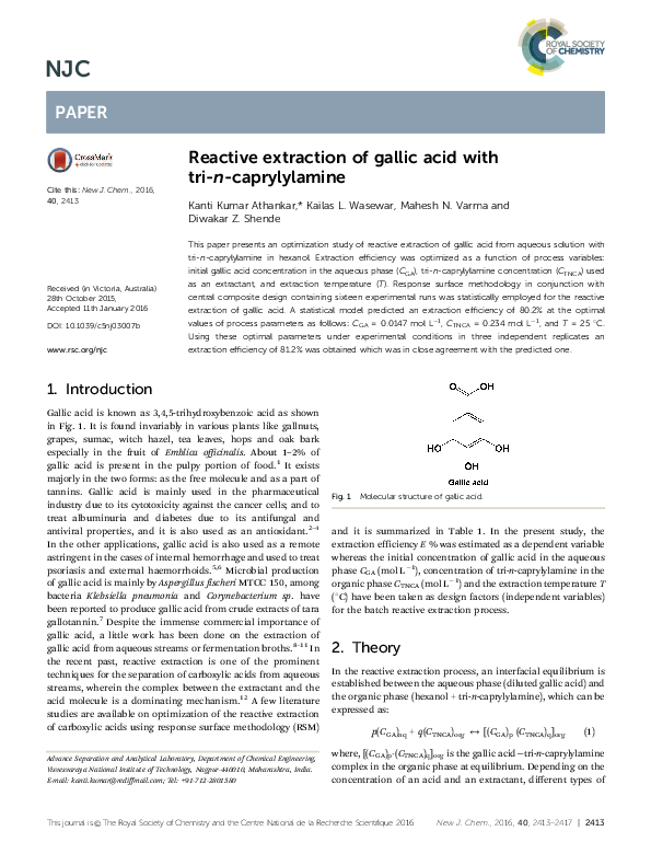 (PDF) Reactive Extraction of Gallic Acid With Tri-n-Caprylylamine