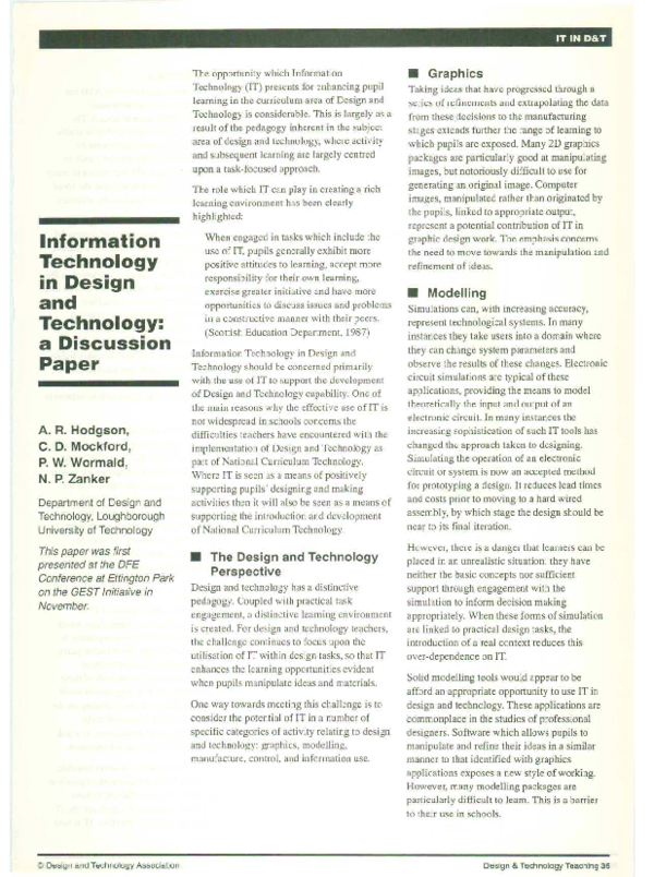 (PDF) Information Technology in Design and Technology: A discussion paper