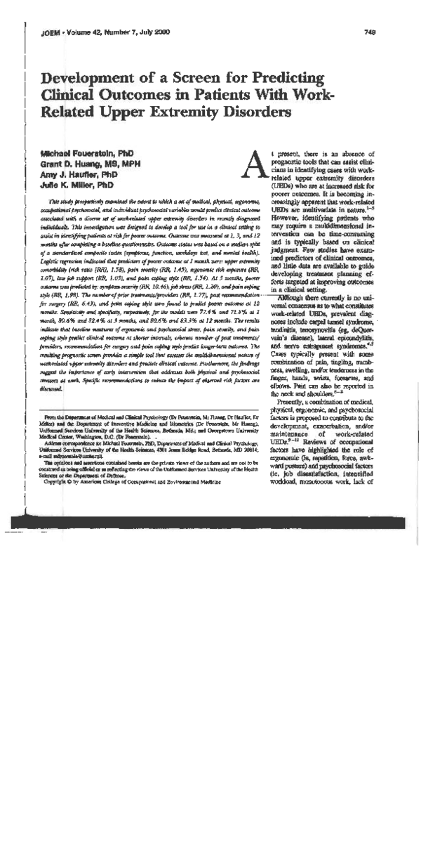 Pdf Development Of A Screen For Predicting Clinical Outcomes In Patients With Work Related