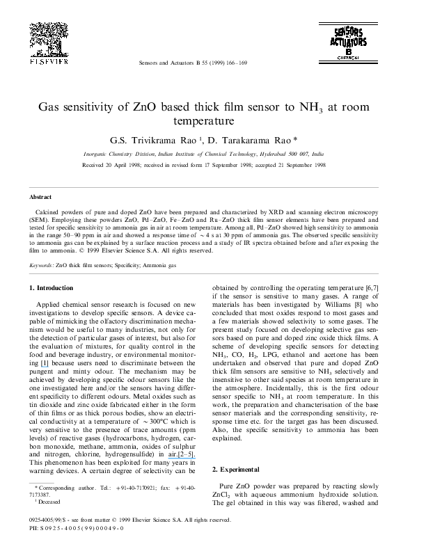(PDF) Gas sensitivity of ZnO based thick film sensor to NH3 at room temperature