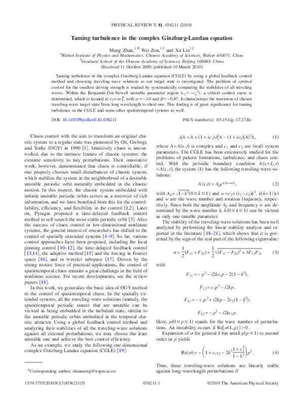 (PDF) Taming turbulence in the complex Ginzburg-Landau equation