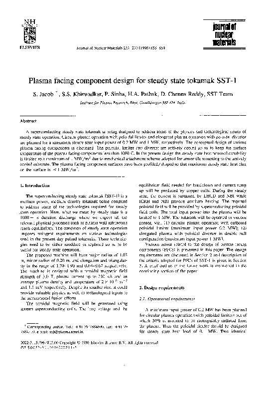 (PDF) Plasma facing component design for steady state tokamak SST1