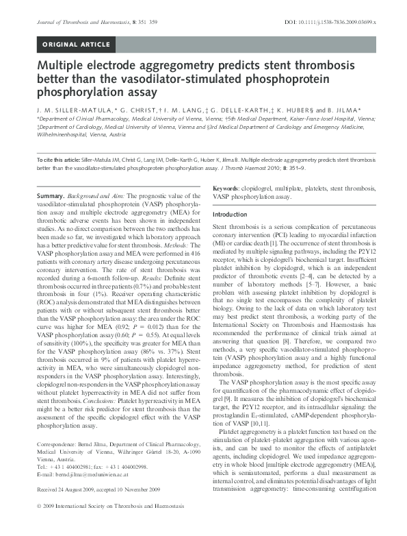 (PDF) Multiple electrode aggregometry predicts stent thrombosis better ...
