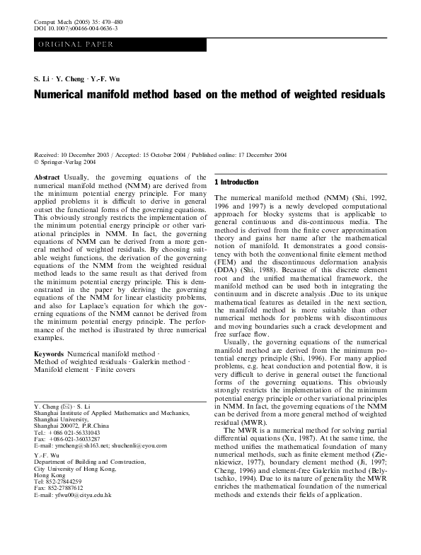 (PDF) Numerical manifold method based on the method of weighted residuals