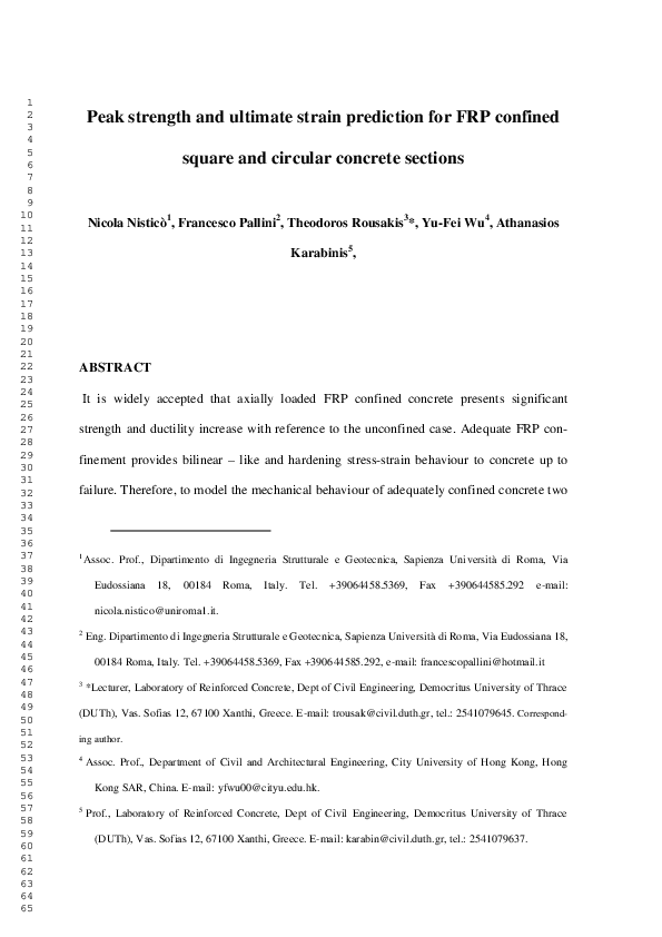 (PDF) Peak strength and ultimate strain prediction for FRP confined square and circular concrete ...