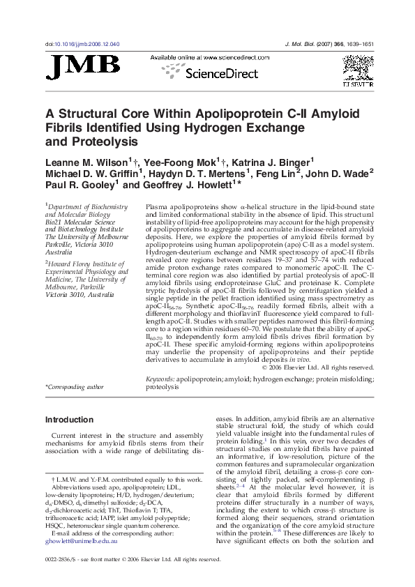 (PDF) A Structural Core Within Apolipoprotein C-II Amyloid Fibrils ...