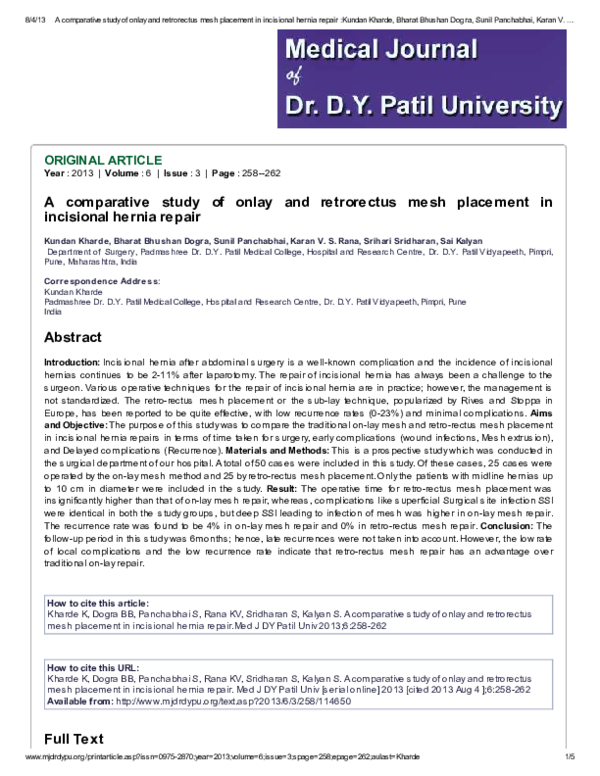 (PDF) Onlay vs Retro-Rectus Mesh in Incisional Hernia Repair