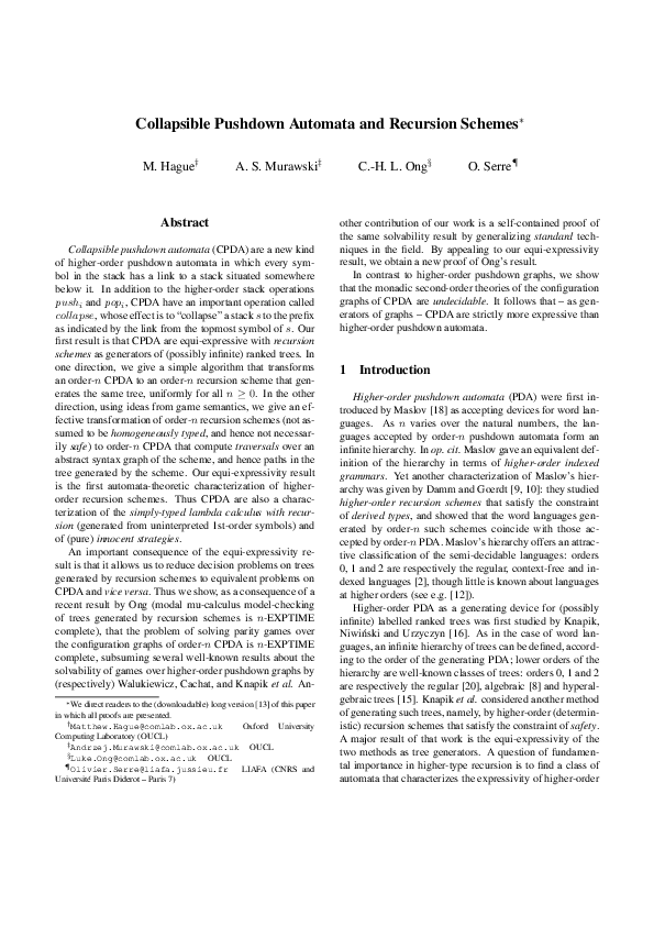 (PDF) Collapsible Pushdown Automata and Recursion Schemes (Extended abstract)
