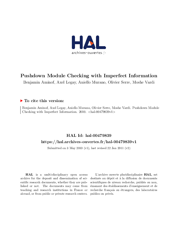 (PDF) Pushdown module checking with imperfect information | Olivier Serre - Academia.edu