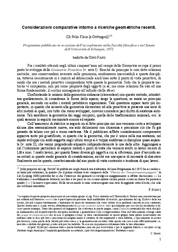 (PDF) Felix Klein: il programma di Erlangen | Riccardo Dossena ...