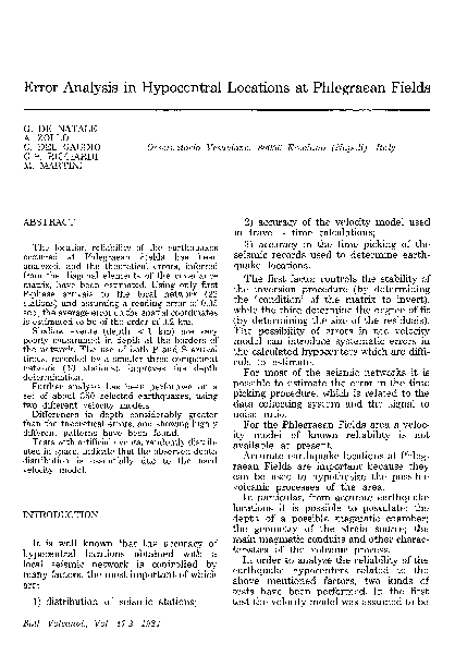 (PDF) Error analysis in hypocentral locations at Phlegraean Fields