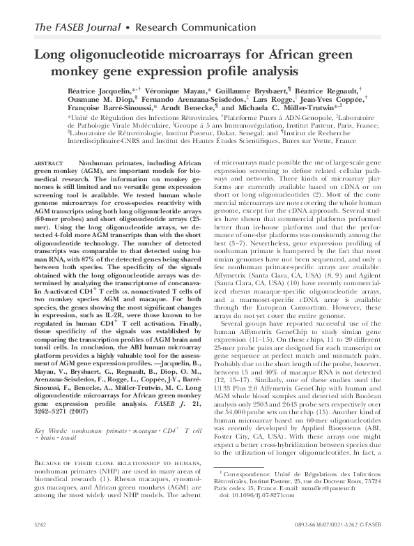 (PDF) Long oligonucleotide microarrays for African green monkey gene expression profile analysis