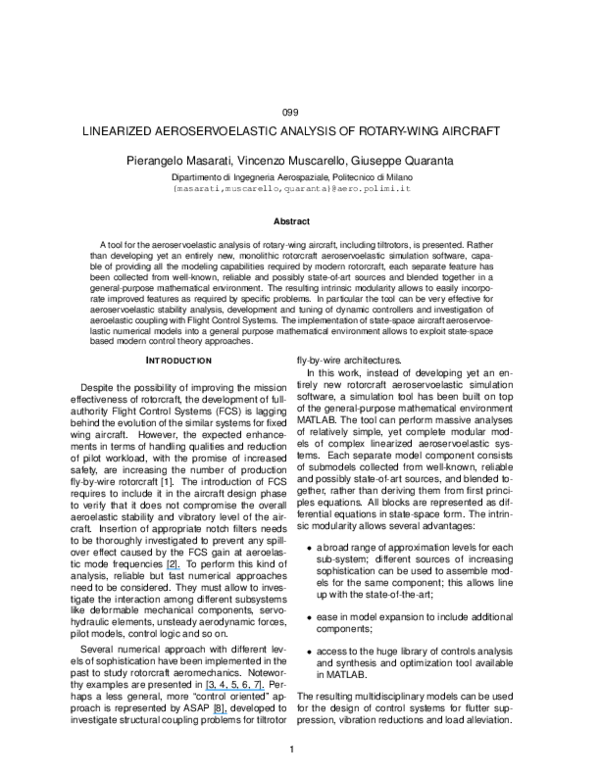 (PDF) Linearized aeroservoelastic analysis of rotary-wing aircraft