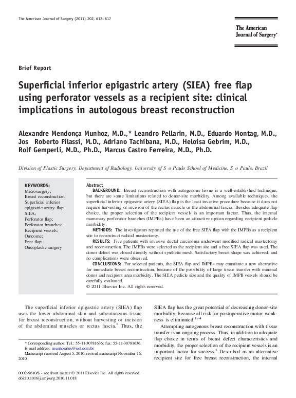 (PDF) Superficial inferior epigastric artery (SIEA) free flap using perforator vessels as a ...
