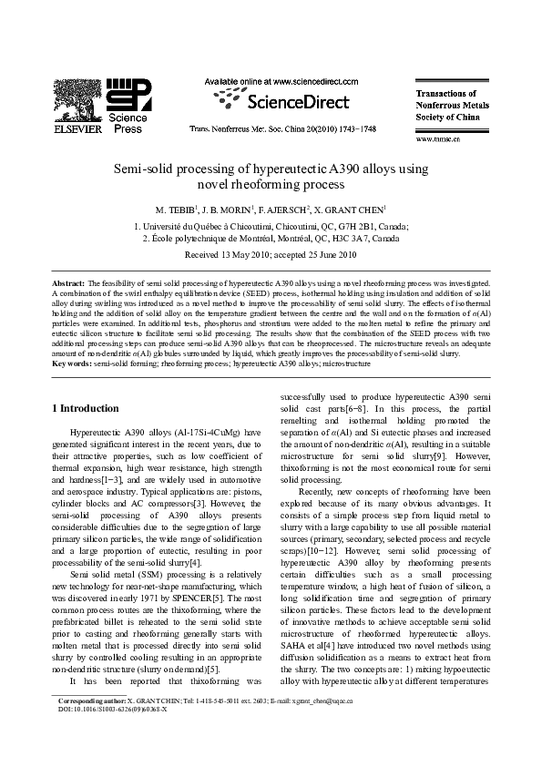 (PDF) Semi-solid processing of hypereutectic A390 alloys using novel rheoforming process