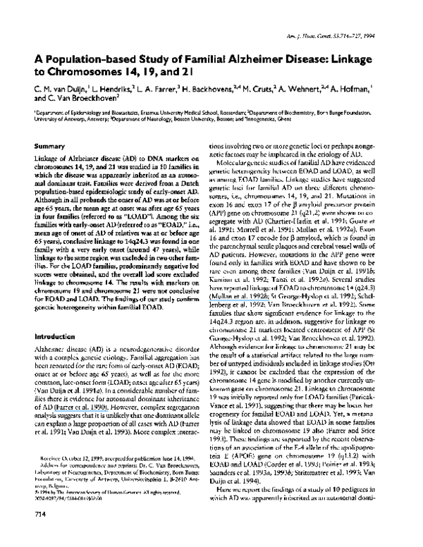 (PDF) A population-based study of familial Alzheimer disease: linkage to chromosomes 14, 19, and 21