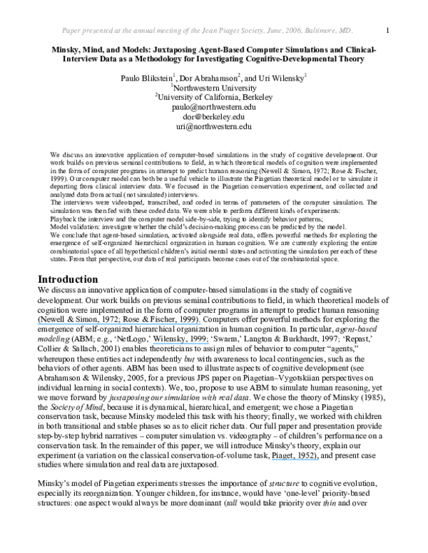 (PDF) Minsky, mind, and models: Juxtaposing agent-based computer ...