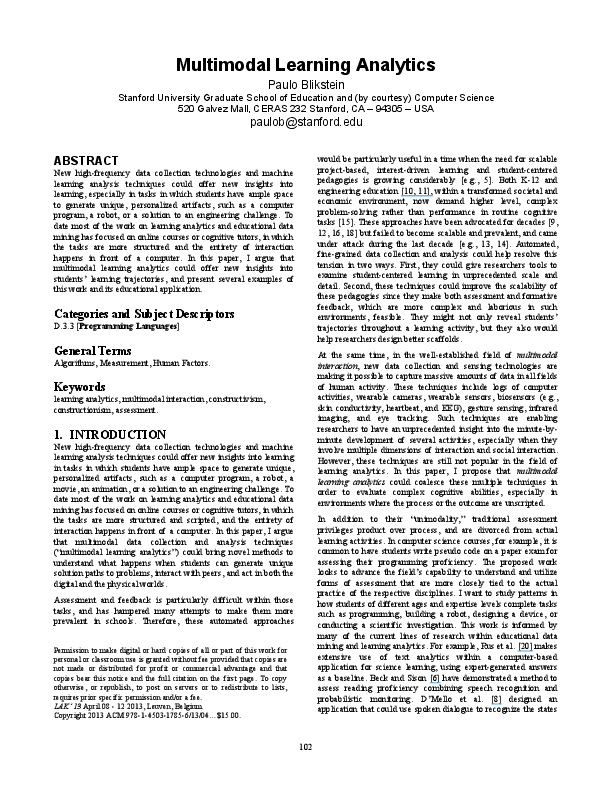 Pdf Multimodal Learning Analytics