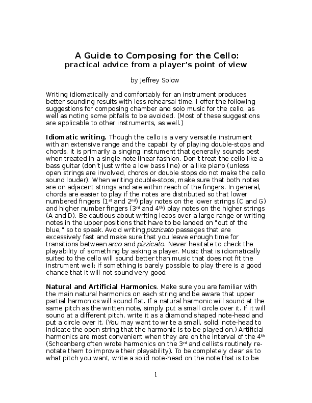 (DOC) A Guide to Composing for the Cello: practical advice from a ...