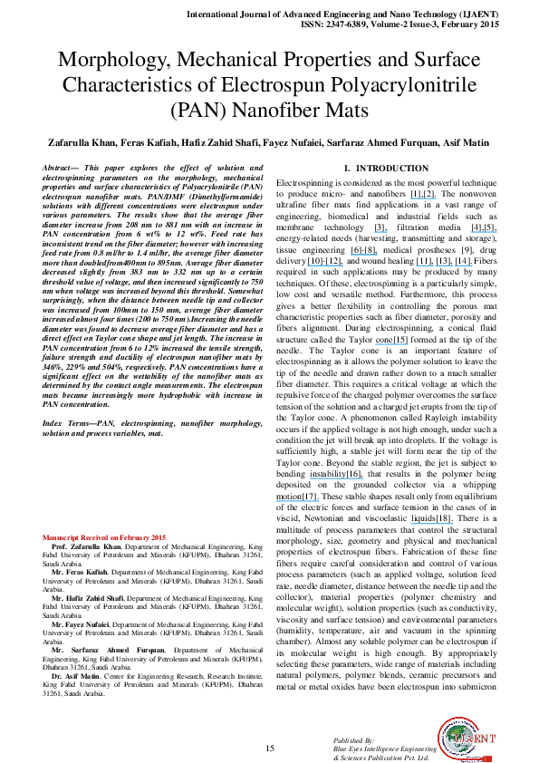 (PDF) Morphology, Mechanical Properties and Surface Characteristics of Electrospun ...