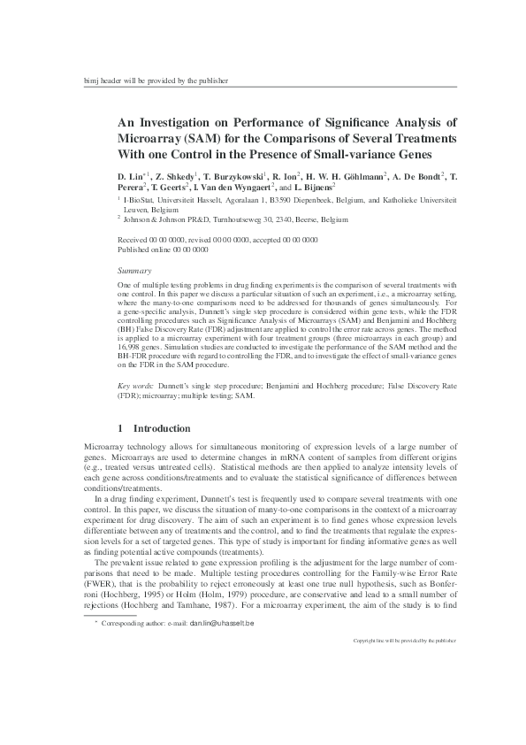 (PDF) An Investigation on Performance of Significance Analysis of Microarray (SAM) for the ...