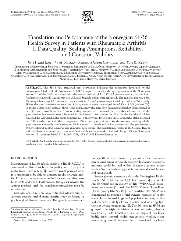 (PDF) Translation and Performance of the Norwegian SF-36 Health Survey ...