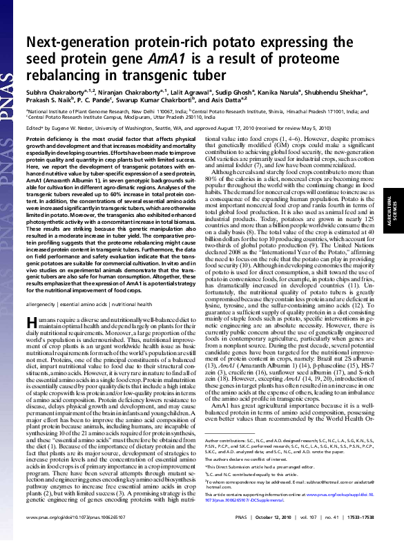 (PDF) Next-generation protein-rich potato expressing the seed protein gene AmA1 is a result of ...