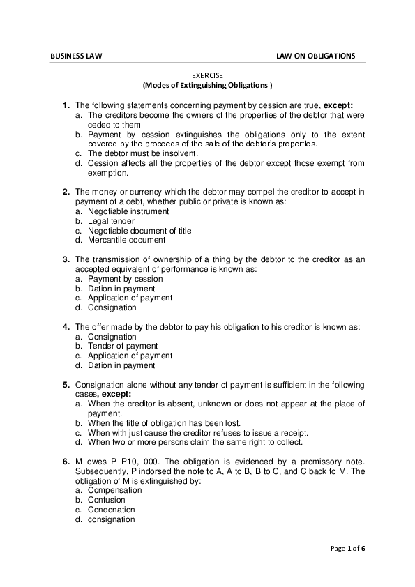 (PDF) BUSINESS LAW LAW ON OBLIGATIONS EXERCISE (Modes of Extinguishing Obligations