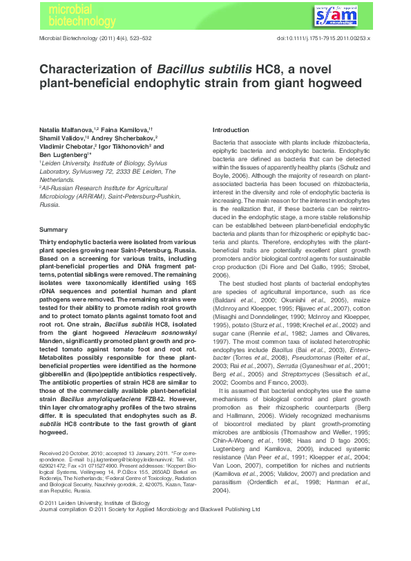 (PDF) Characterization of Bacillus subtilis HC8, a novel plant ...