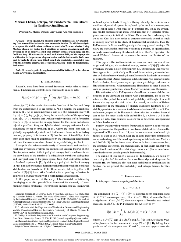 (PDF) Markov Chains, Entropy, and Fundamental Limitations in Nonlinear Stabilization