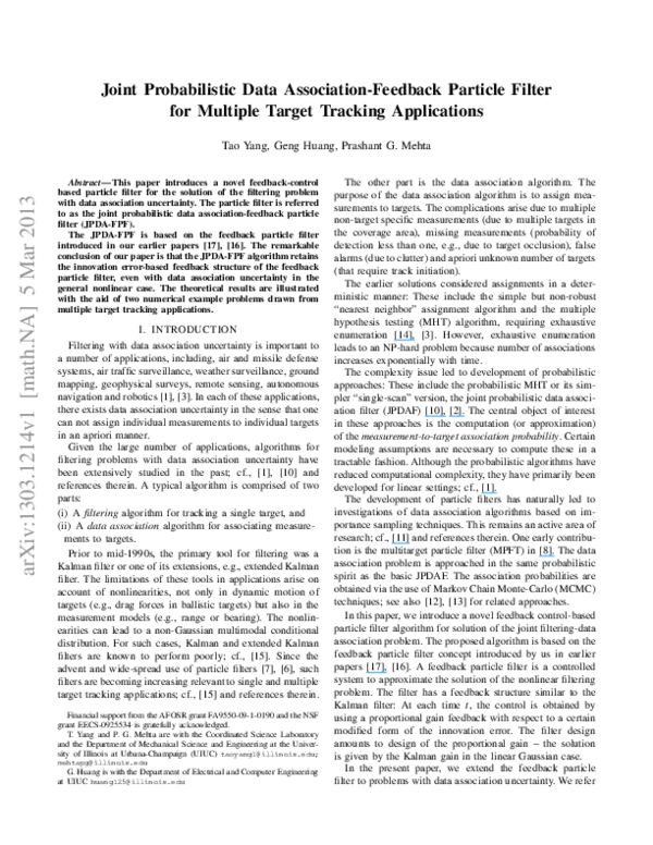(PDF) Joint probabilistic data association-feedback particle filter for multiple target tracking ...