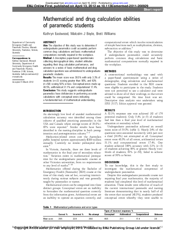 (PDF) Mathematical and drug calculation abilities of paramedic students