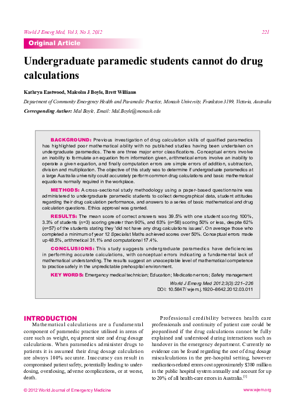 (PDF) Undergraduate paramedic students cannot do drug calculations