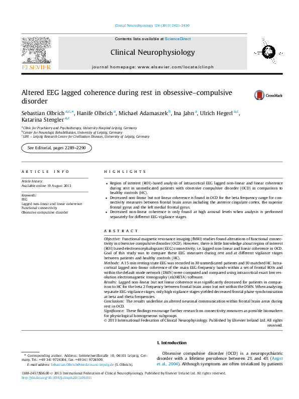 (PDF) Altered EEG lagged coherence during rest in obsessive–compulsive disorder