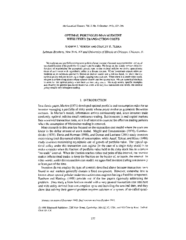(PDF) OPTIMAL PORTFOLIO MANAGEMENT WITH FIXED TRANSACTION COSTS