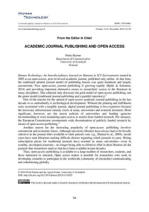 (PDF) Academic Journal Publishing and Open Access