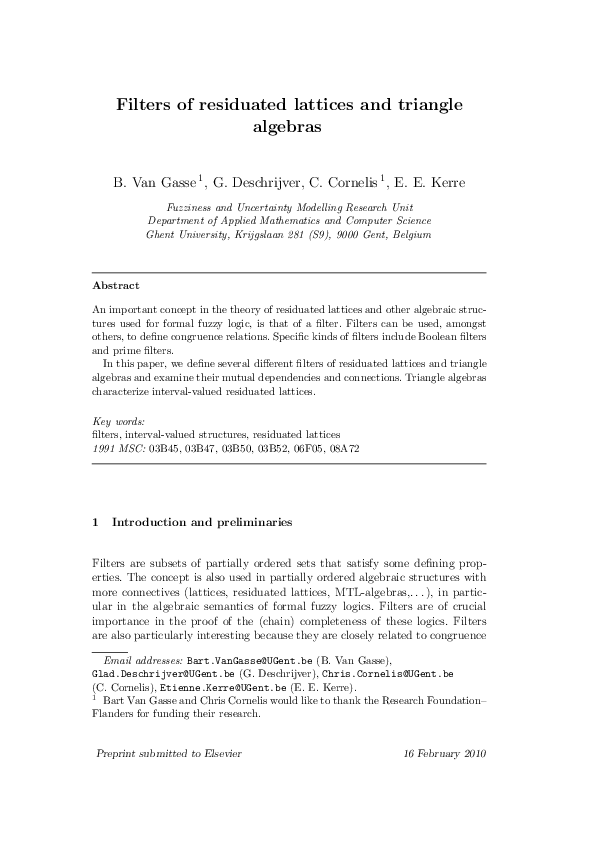 (PDF) Filters of residuated lattices and triangle algebras