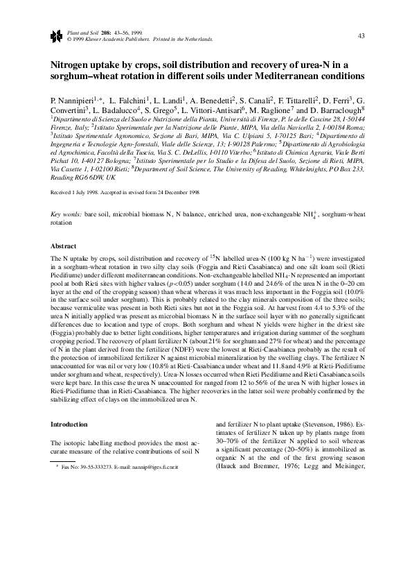 (PDF) Nitrogen uptake by crops, soil distribution and recovery of urea ...