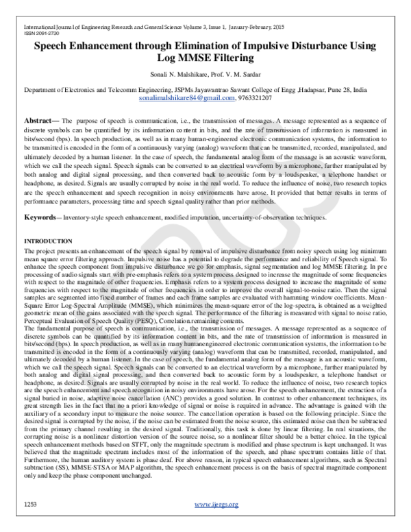 (PDF) Speech Enhancement through Elimination of Impulsive Disturbance Using Log MMSE Filtering