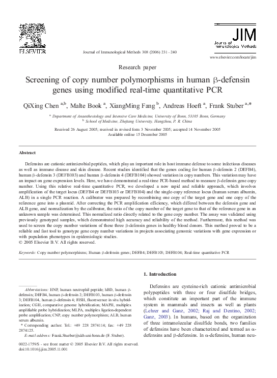 (PDF) Screening of copy number polymorphisms in human β-defensin genes using modified real-time ...
