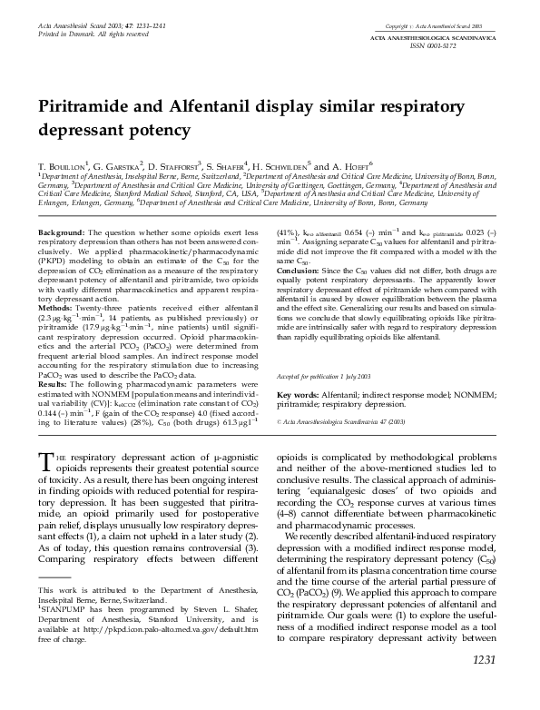(PDF) Piritramide and Alfentanil display similar respiratory depressant ...